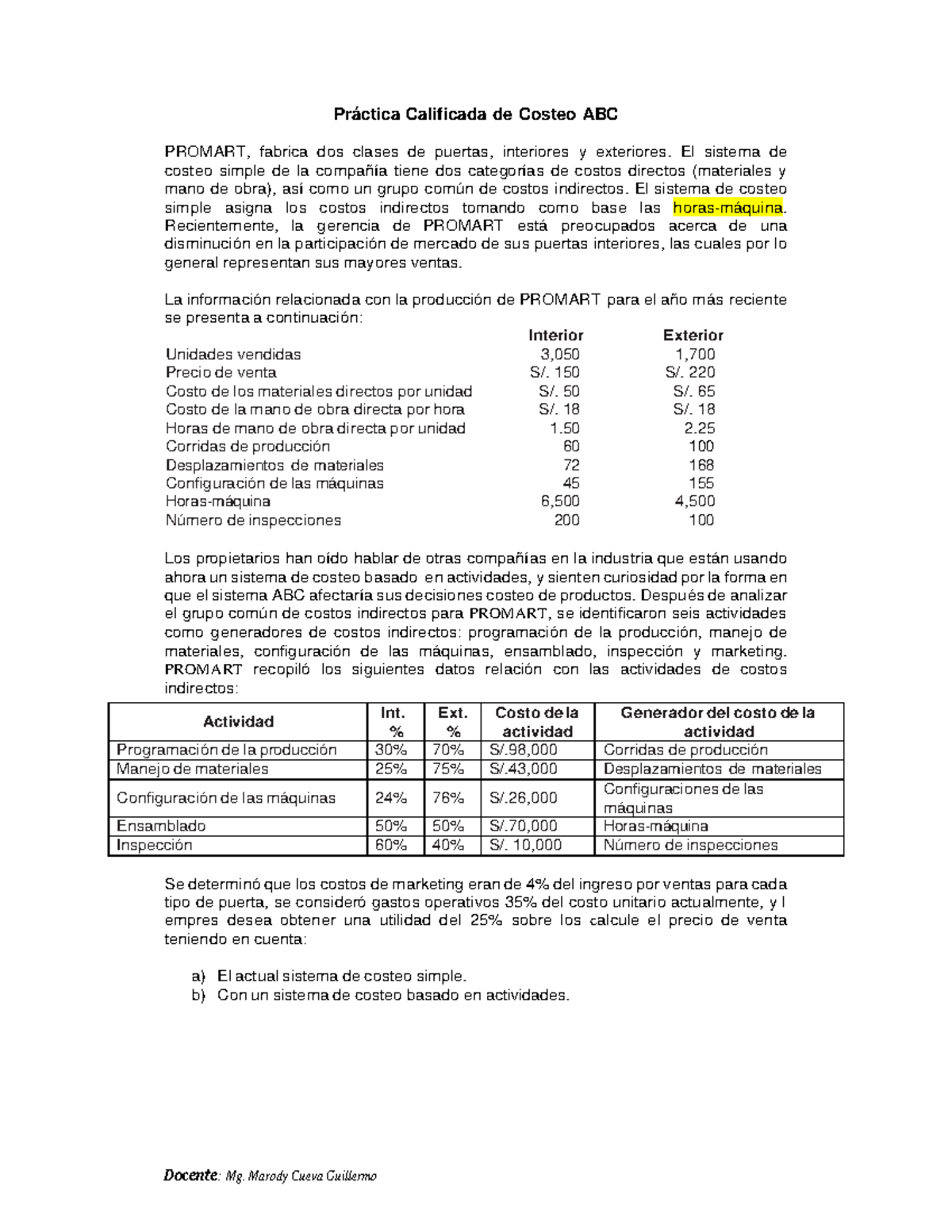 Practica Calificada - Costos ABC - Práctica Calificada de Costeo ABC PROMART, fabrica dos clases ...