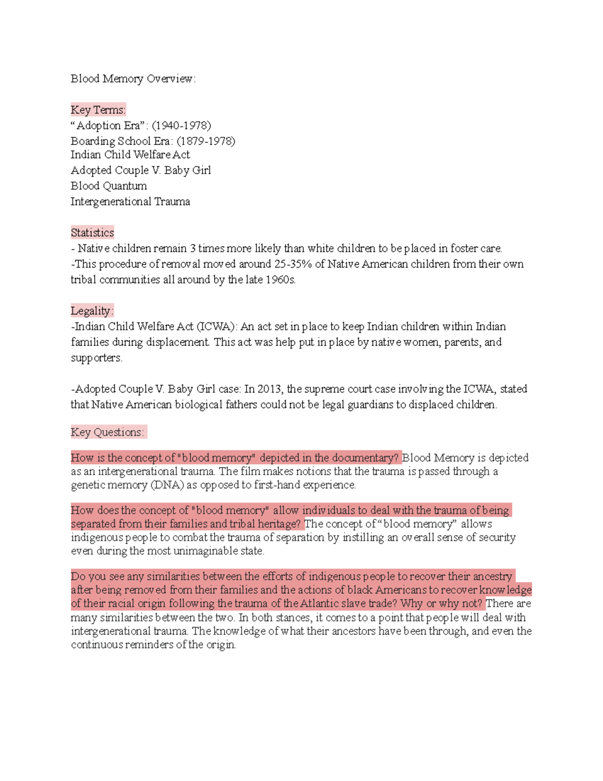 Blood Memory Notes - Blood Memory Overview: Key Terms: “Adoption Era ...