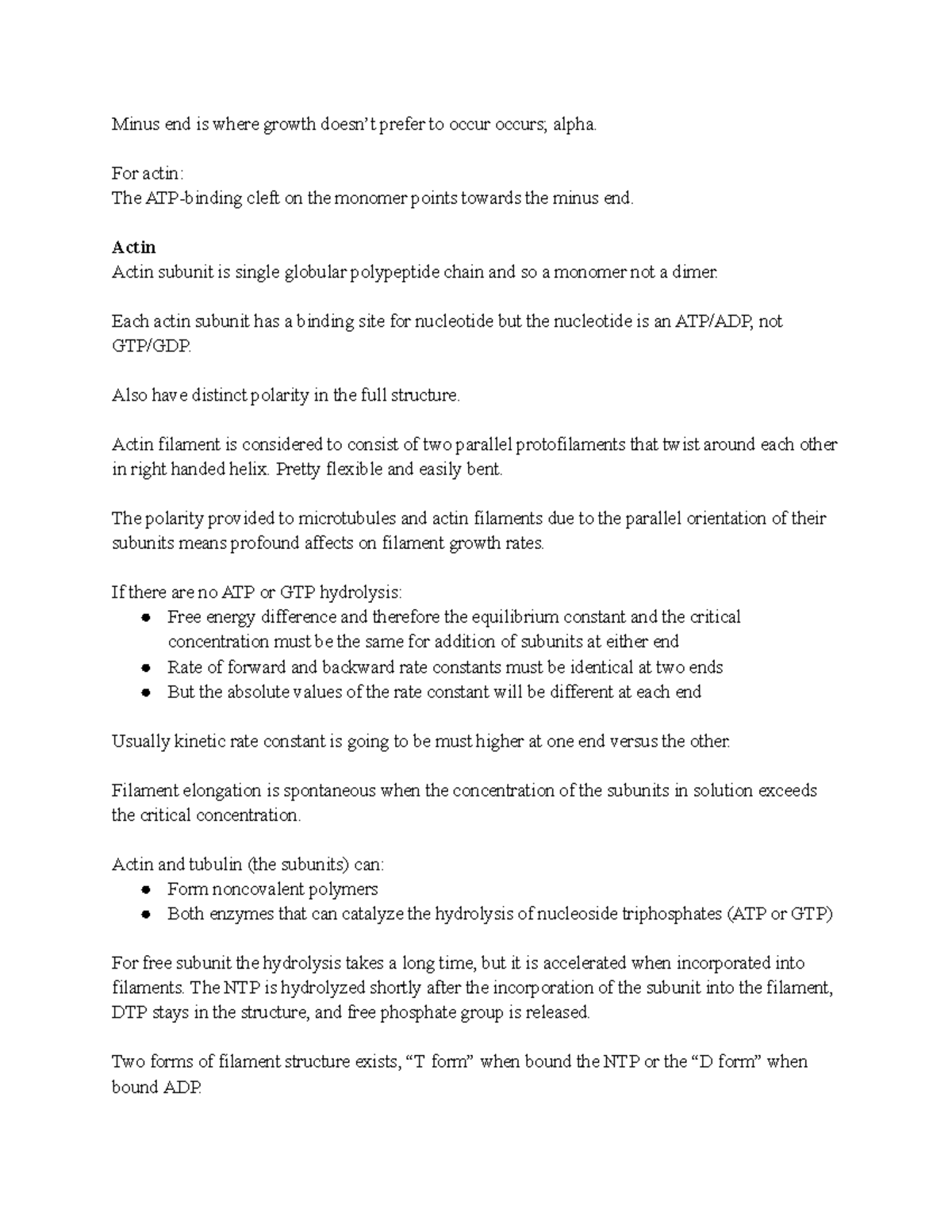 BIO3153 Notes Midterm Actin - Minus end is where growth doesn’t prefer ...