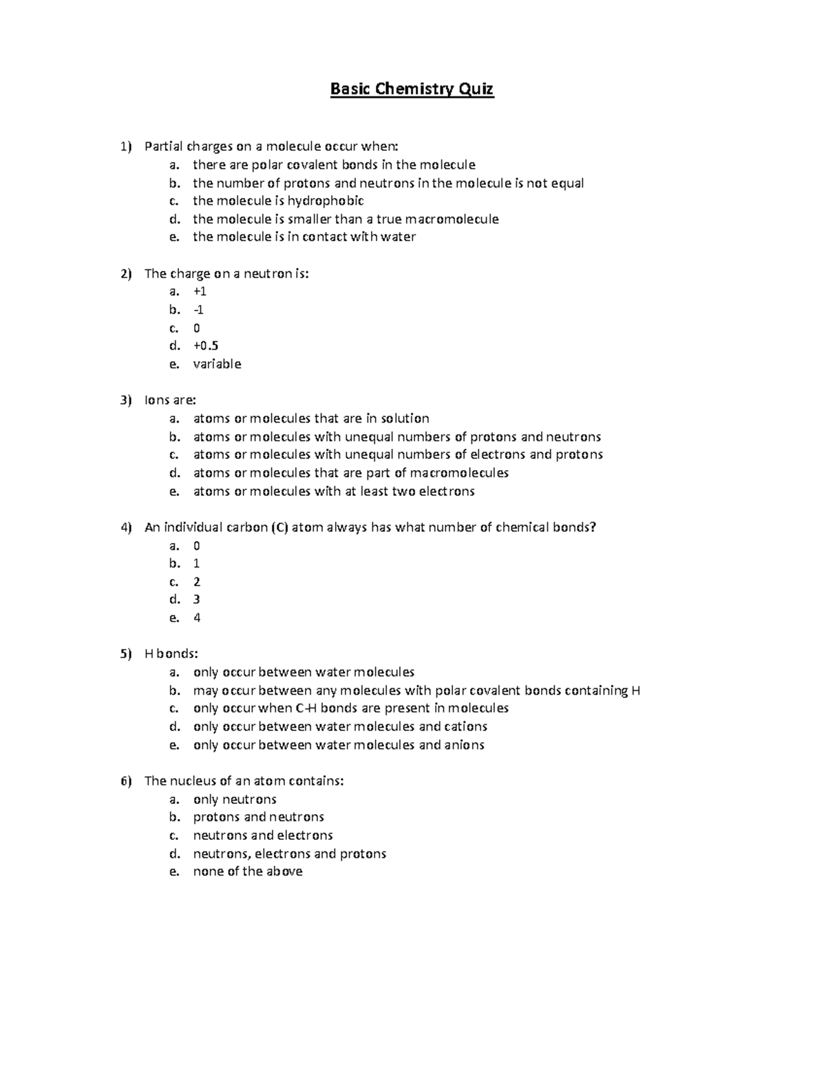 Chemistry Quiz - assignment - Basic Chemistry Quiz Partial charges on a ...