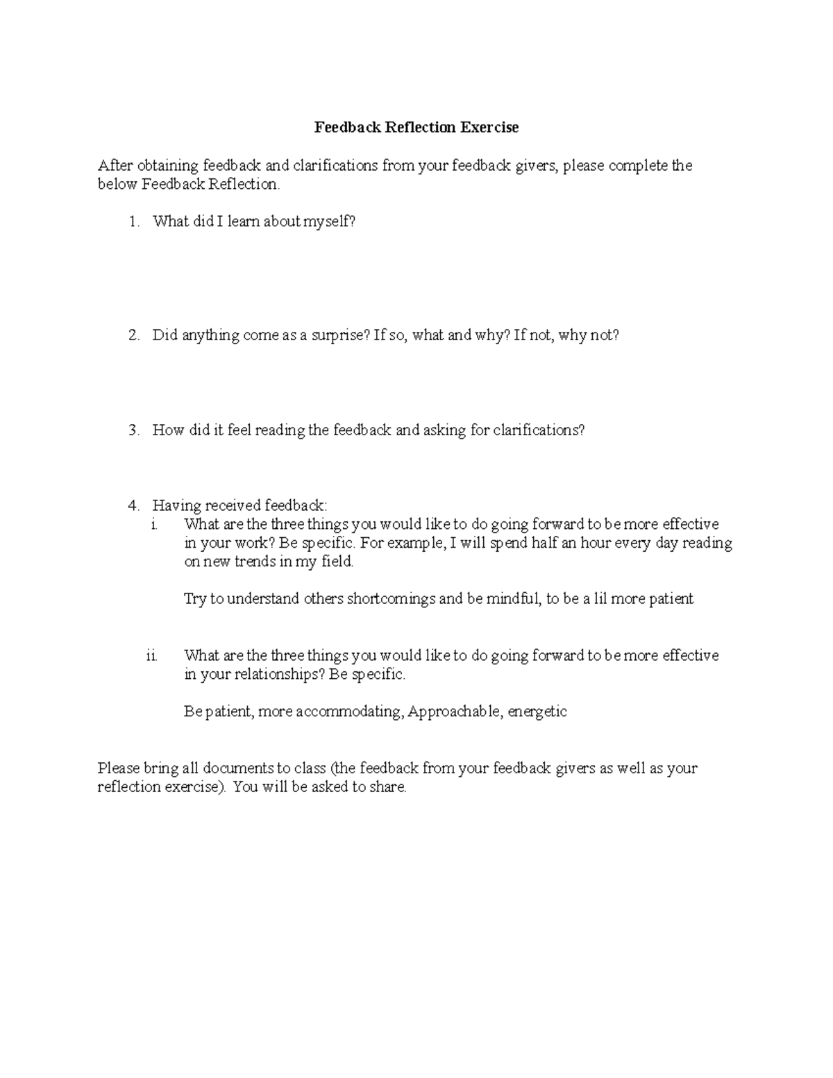 3. Feedback reflection exercise - Feedback Reflection Exercise After ...