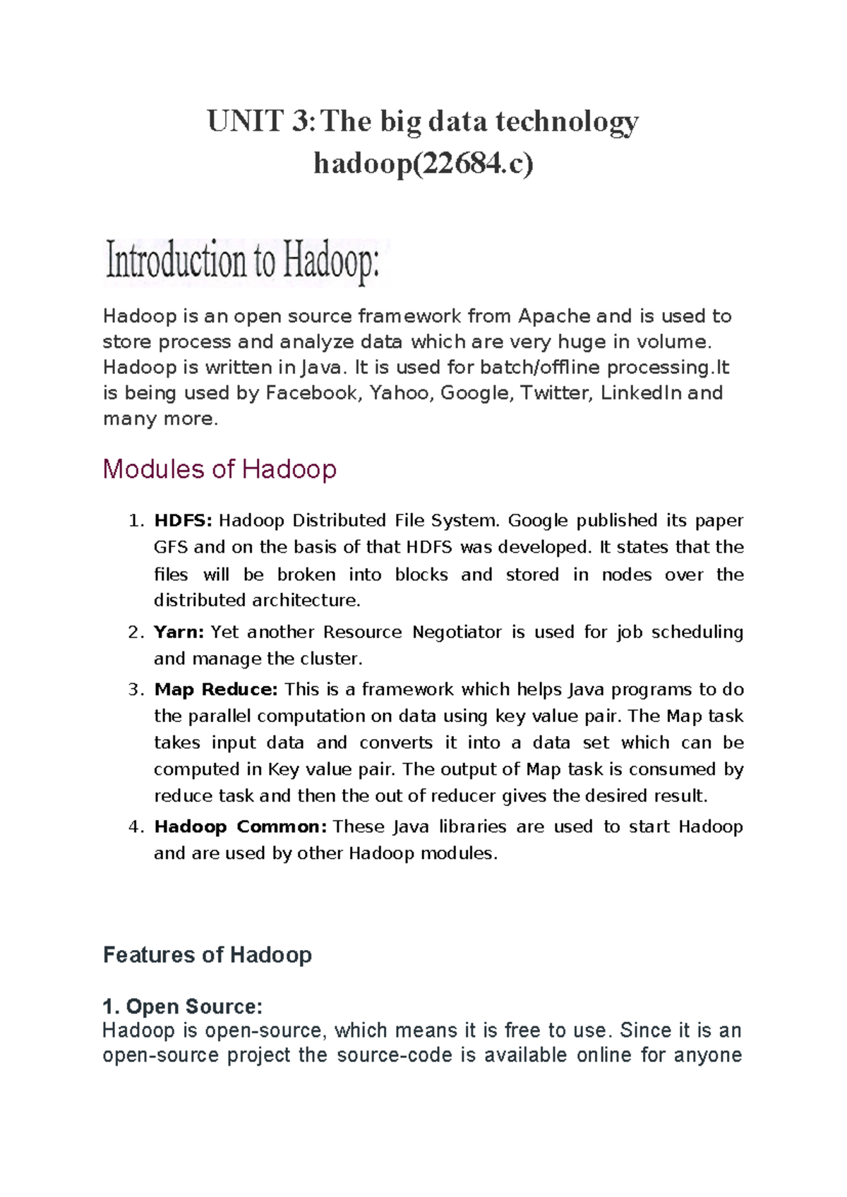 BDA unit 3 notes - UNIT 3:The big data technology hadoop(22684) Hadoop ...