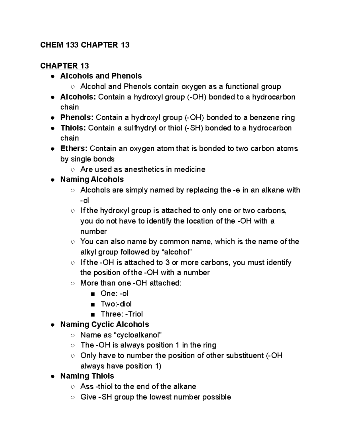 Chapter 13 - Alcohols,Phenols,Thiols and Ethers - CHEM 133 CHAPTER 13 ...