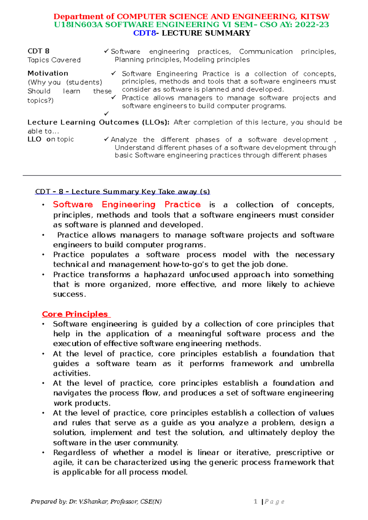 Software Engineering Practice Principles - U18IN603A SOFTWARE ENGINEERING VI SEM– CSO AY: 2022 ...