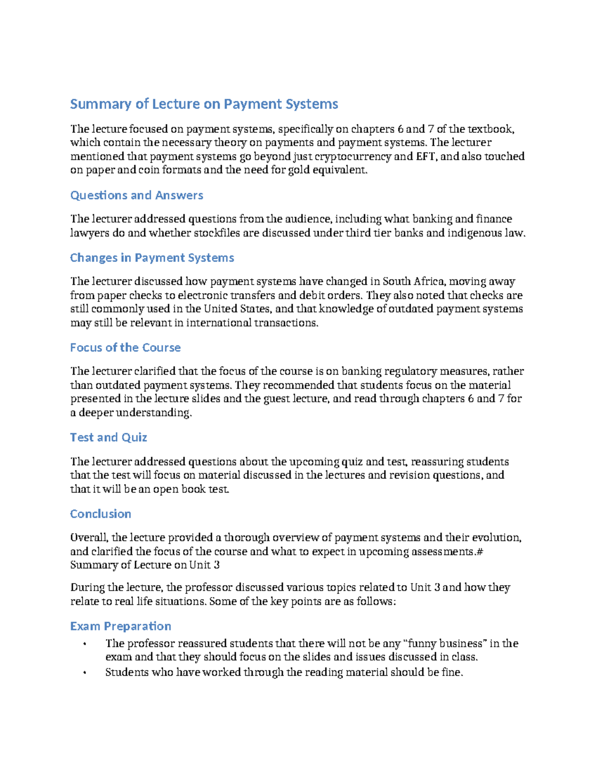 Unit 2 Lecture 1 1724306102 - Summary of Lecture on Payment Systems The ...