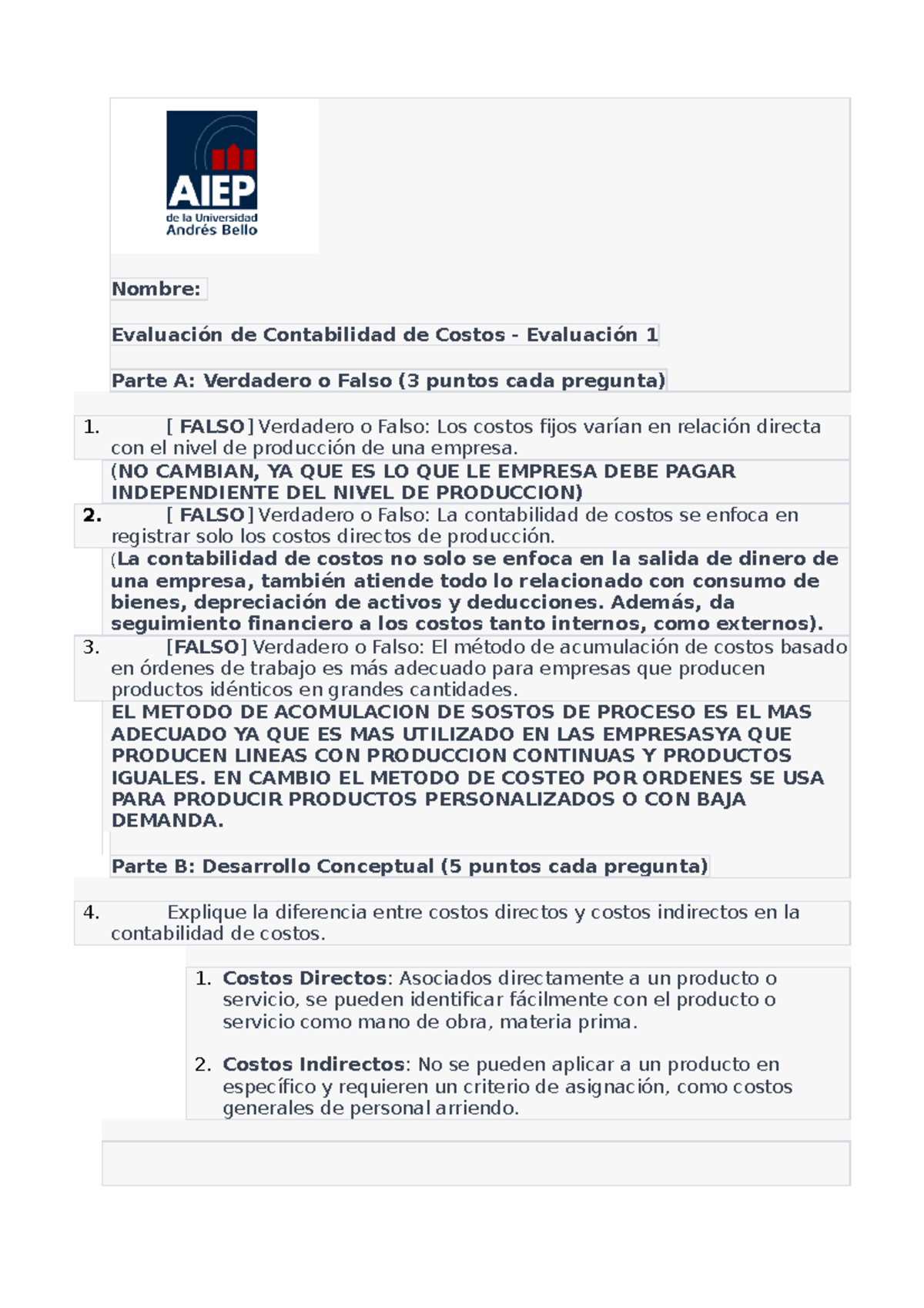 EVA 1 - contabilidad de costo - Nombre: Evaluación de Contabilidad de Costos - Evaluación 1 ...