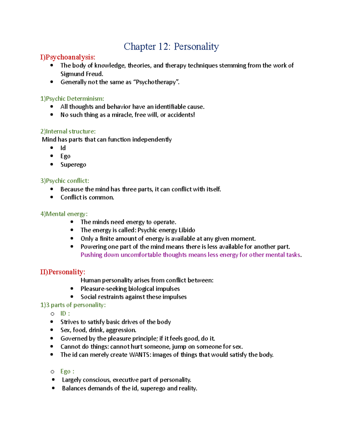Chapter 12 - Chapter 12: Personality I)Psychoanalysis: The body of ...