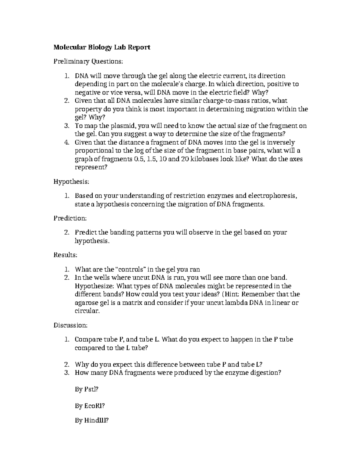 Bio Lab 5 - Bio Lab 5 - Molecular Biology Lab Report Preliminary ...