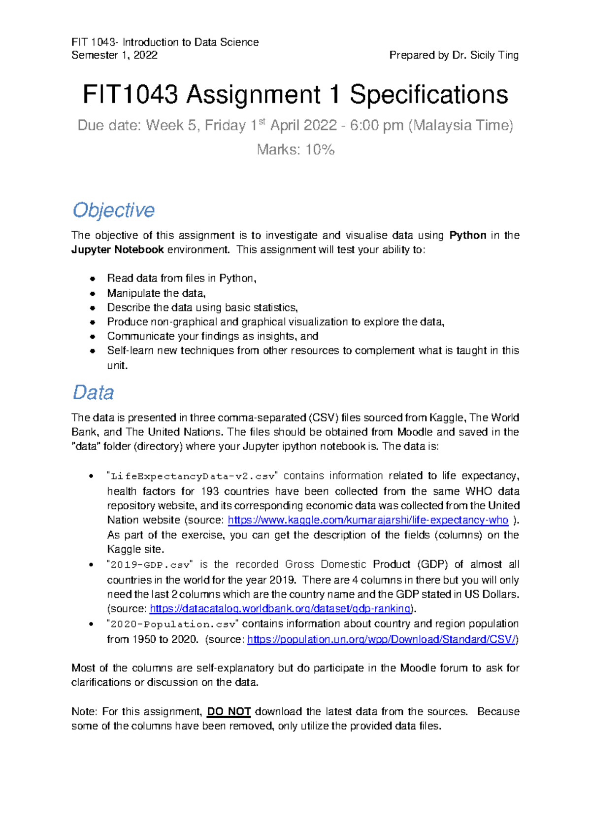 [ FIT1043 ] Assignment 1 Specifications (version 2) - Semester 1, 2022 ...