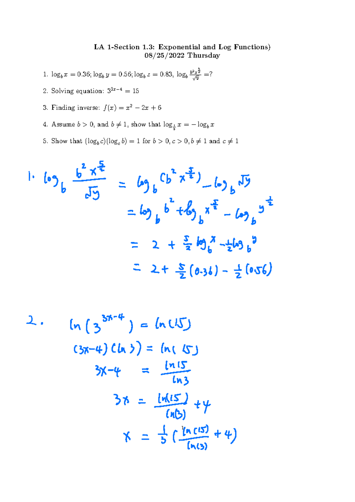 Math 1060 la1-solution - LA 1-Section 1: Exponential and Log Functions ...