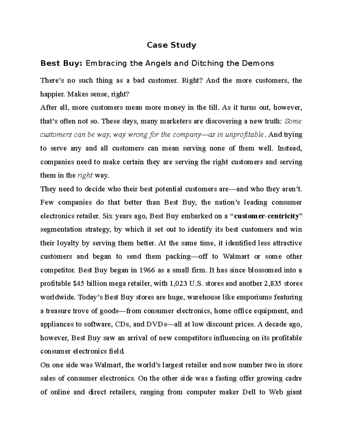 Chapter 6- Case Study STP - Case Study Best Buy: Embracing the Angels and Ditching the Demons ...