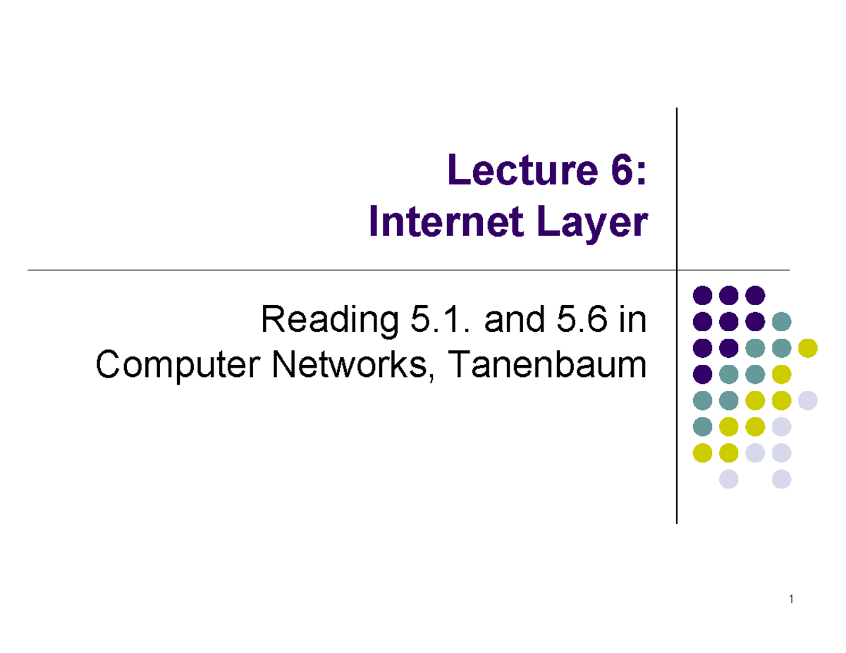 Lecture 6 - Internet Layer - Lecture 6: Internet Layer Reading 5. and 5 in Computer Networks ...