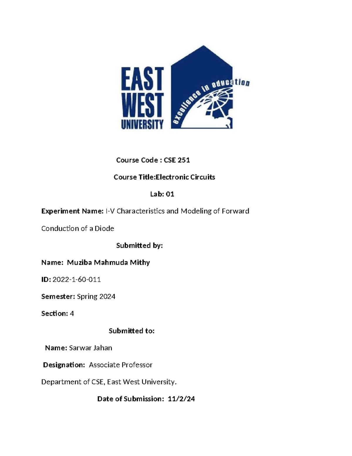 Lab-1 - Lab - Course Code : CSE 251 Course Title:Electronic Circuits Lab: 01 Experiment Name: I ...