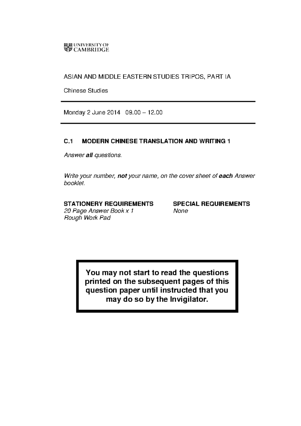Exam 2014, questions - Exam 1 - ASIAN AND MIDDLE EASTERN STUDIES TRIPOS ...
