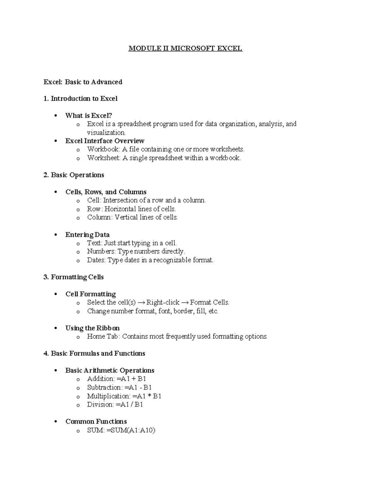Module II Microsoft Excel - MODULE II MICROSOFT EXCEL Excel: Basic to ...