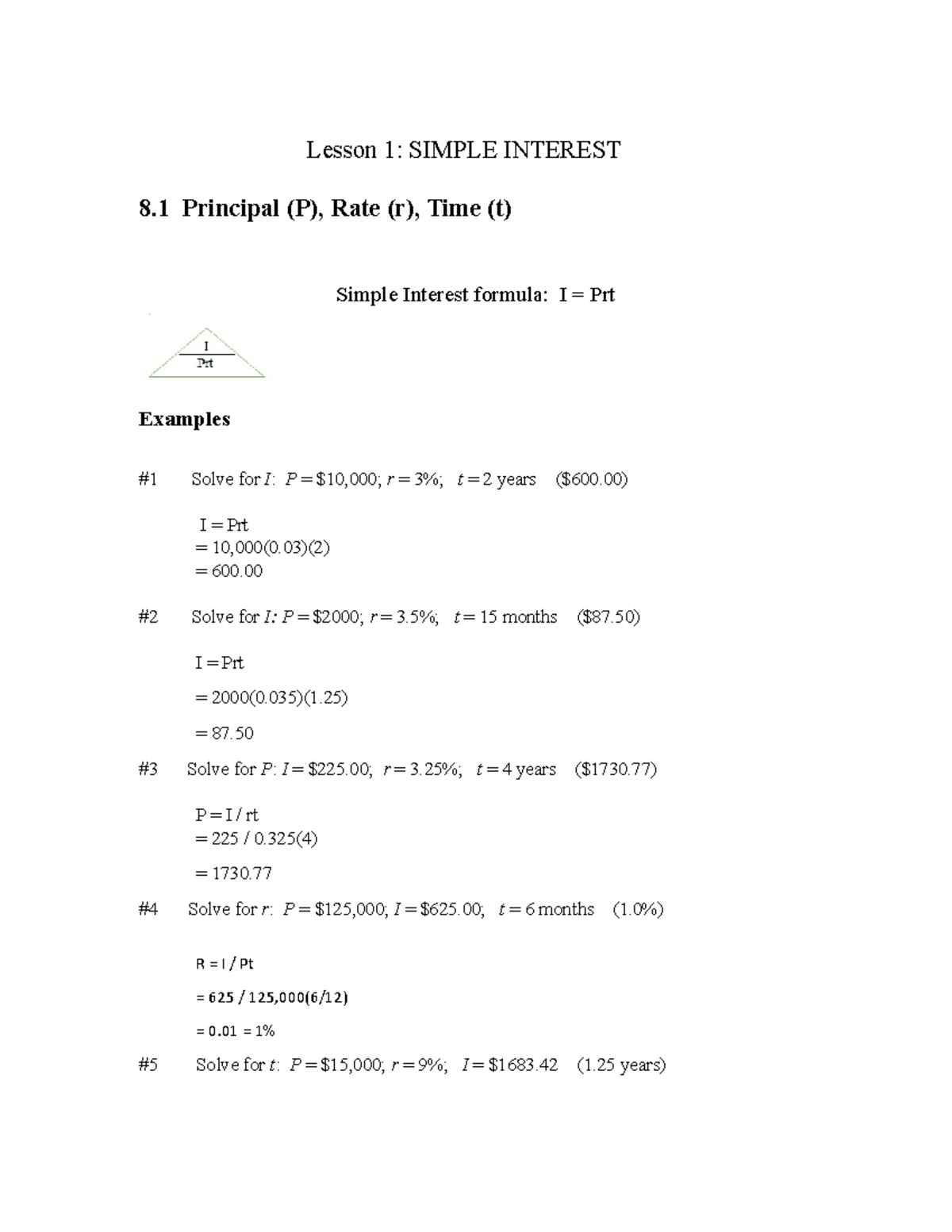 Lesson 1 - Simple Interest Intro - Lesson 1: SIMPLE INTEREST 8 ...