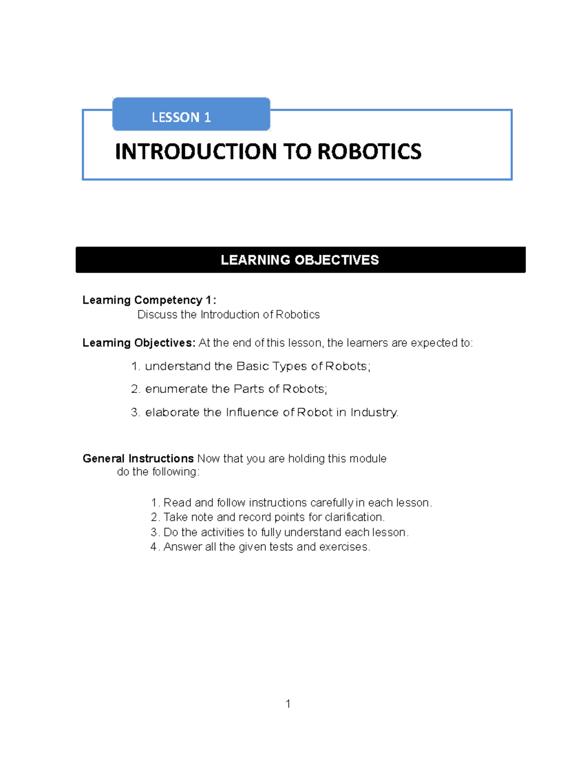 Lesson 1 CP Robotics - Learning Competency 1: Discuss the Introduction of Robotics Learning ...