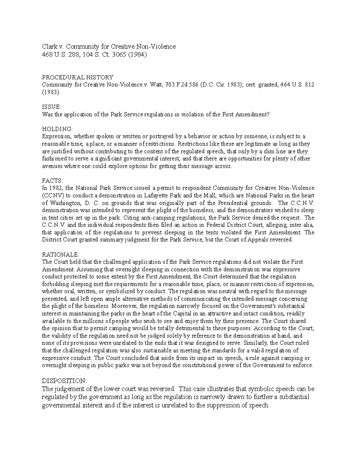 Case Brief Clark v. Community for Creative Non-Violence 468 U.S. 288 ...