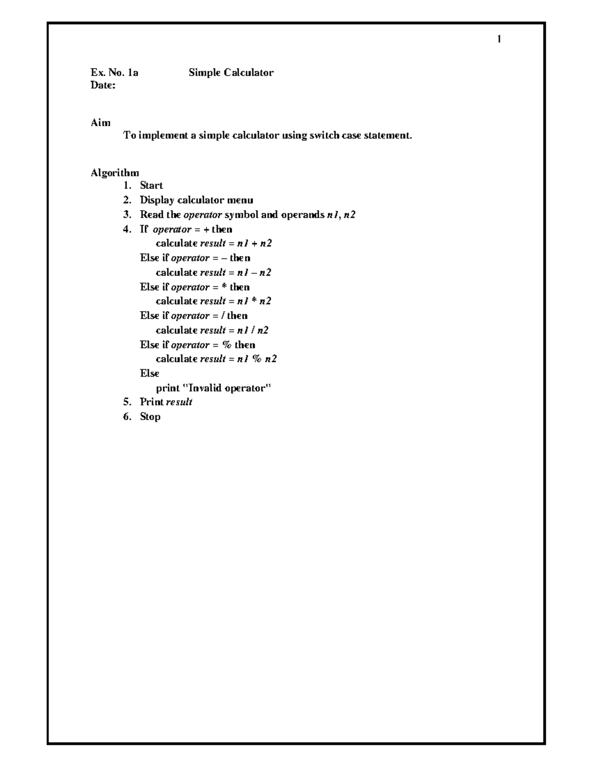 EC8381-lab exercises new - Ex. No. 1a Simple Calculator Date: Aim To implement a simple ...