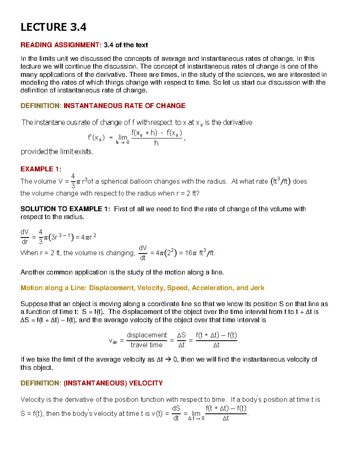 Lecture 34 - werwrw - LECTURE 3. READING ASSIGNMENT: 3 of the text In the limits unit we ...