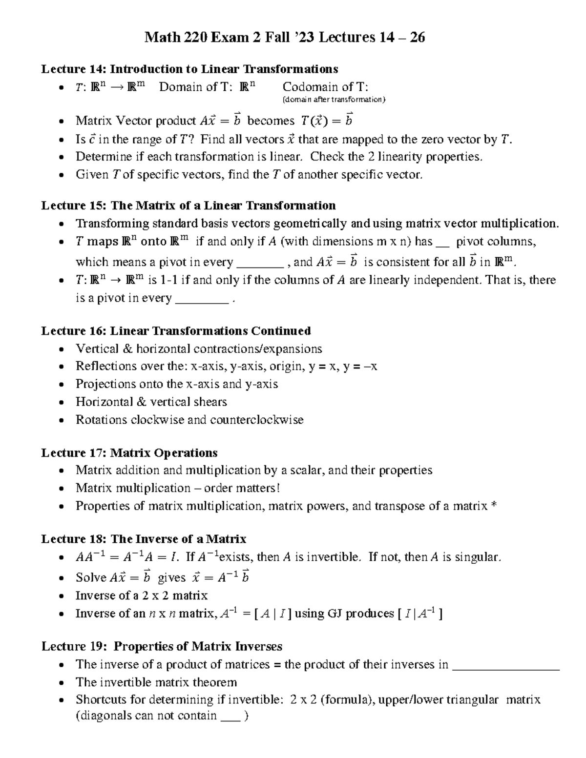 Math220Exam2Rev F23 - Exam review - Math 220 Exam 2 Fall ’23 Lectures 1 4 – 26 Lecture 14: - Studocu
