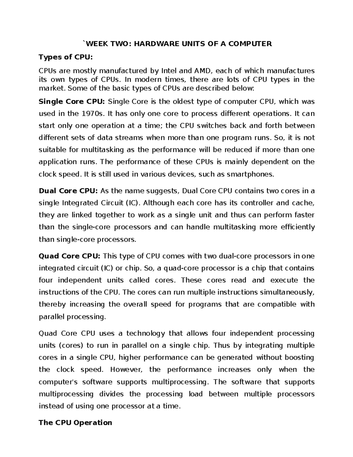 Hardware Units of a Computer - `WEEK TWO: HARDWARE UNITS OF A COMPUTER ...