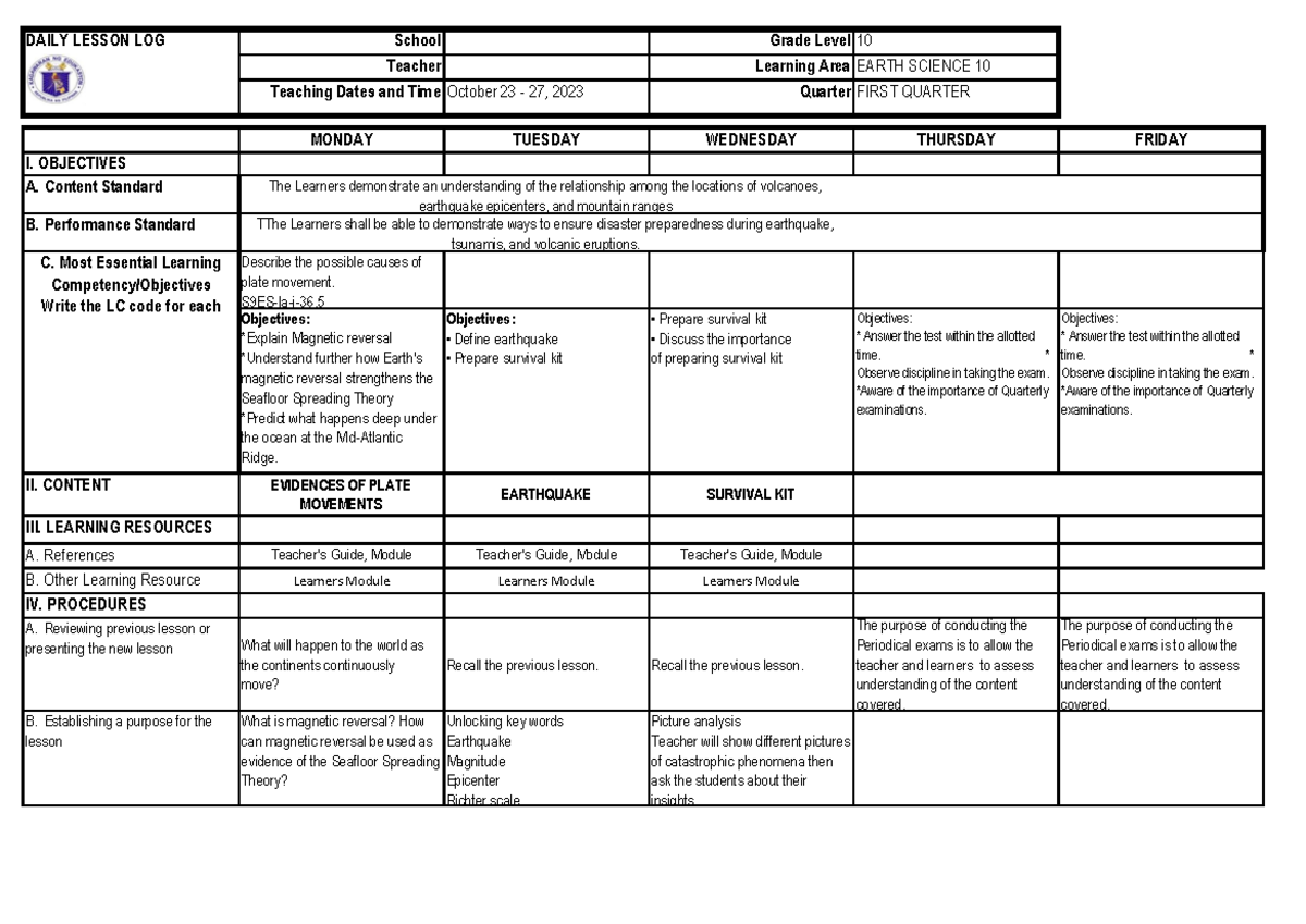 Grade 10 DLL - 1 st Quarter DLL - School Grade Level 10 Teacher ...