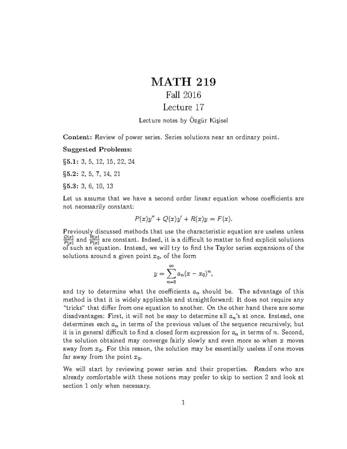 MATH219 Lecture 17 - MATH 219 Fall 2016 Lecture 17 ¨ ur Ki¸sisel ...