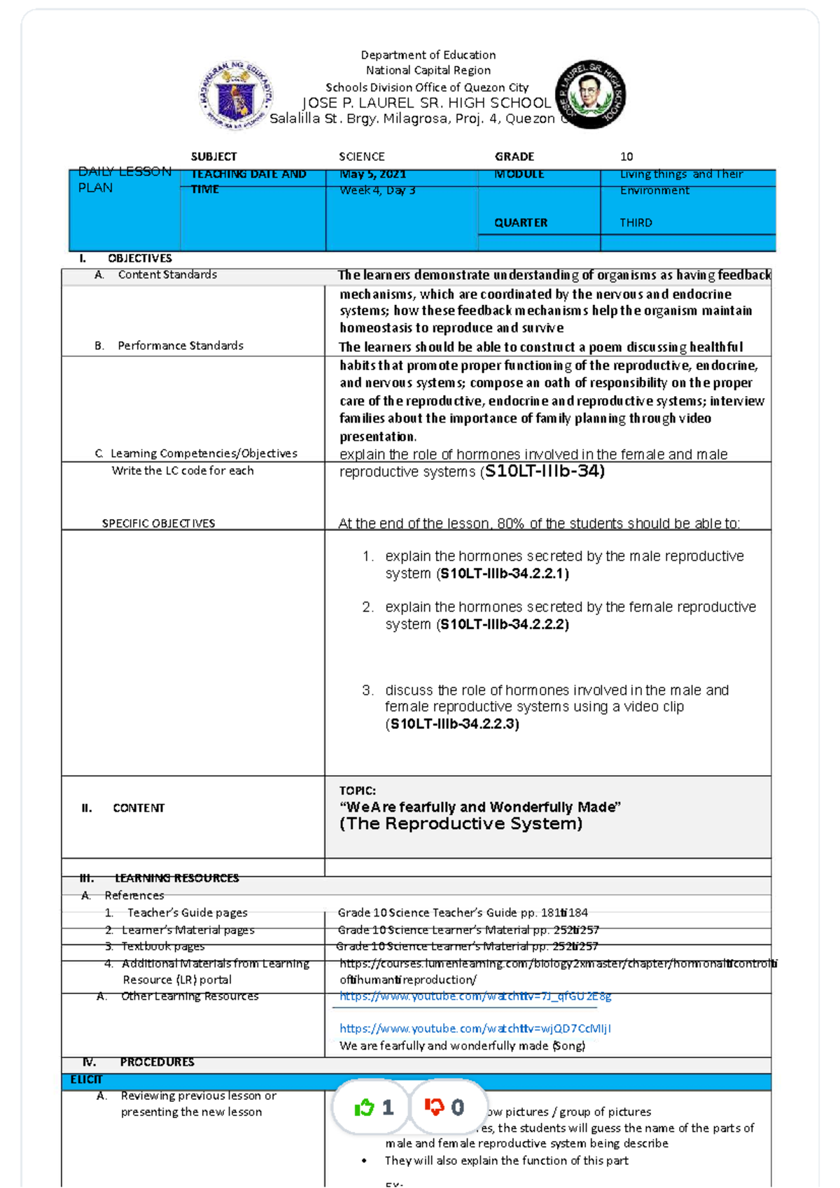 Dll-reproductive-system compress - DAILY LESSON PLAN SUBJECT SCIENCE ...