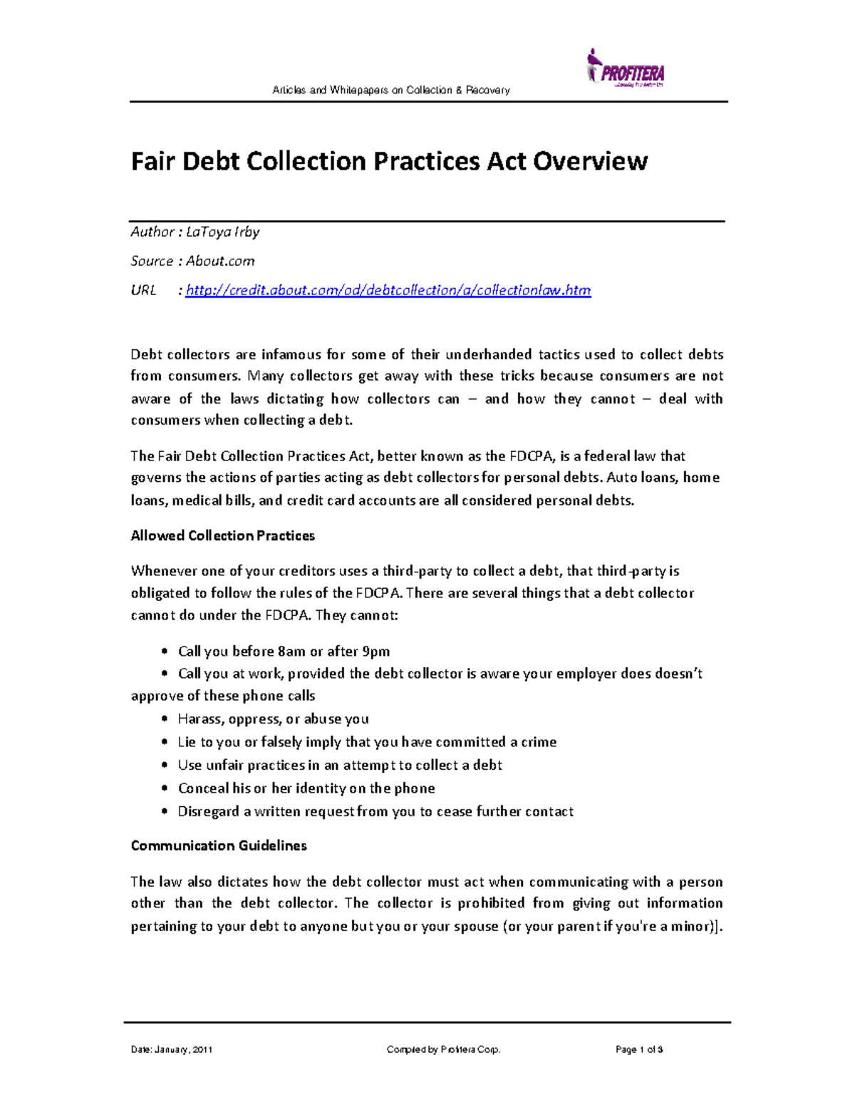 Fair Debt Collection Practices Act Overview - Articles and Whitepapers on Collection & Recovery ...
