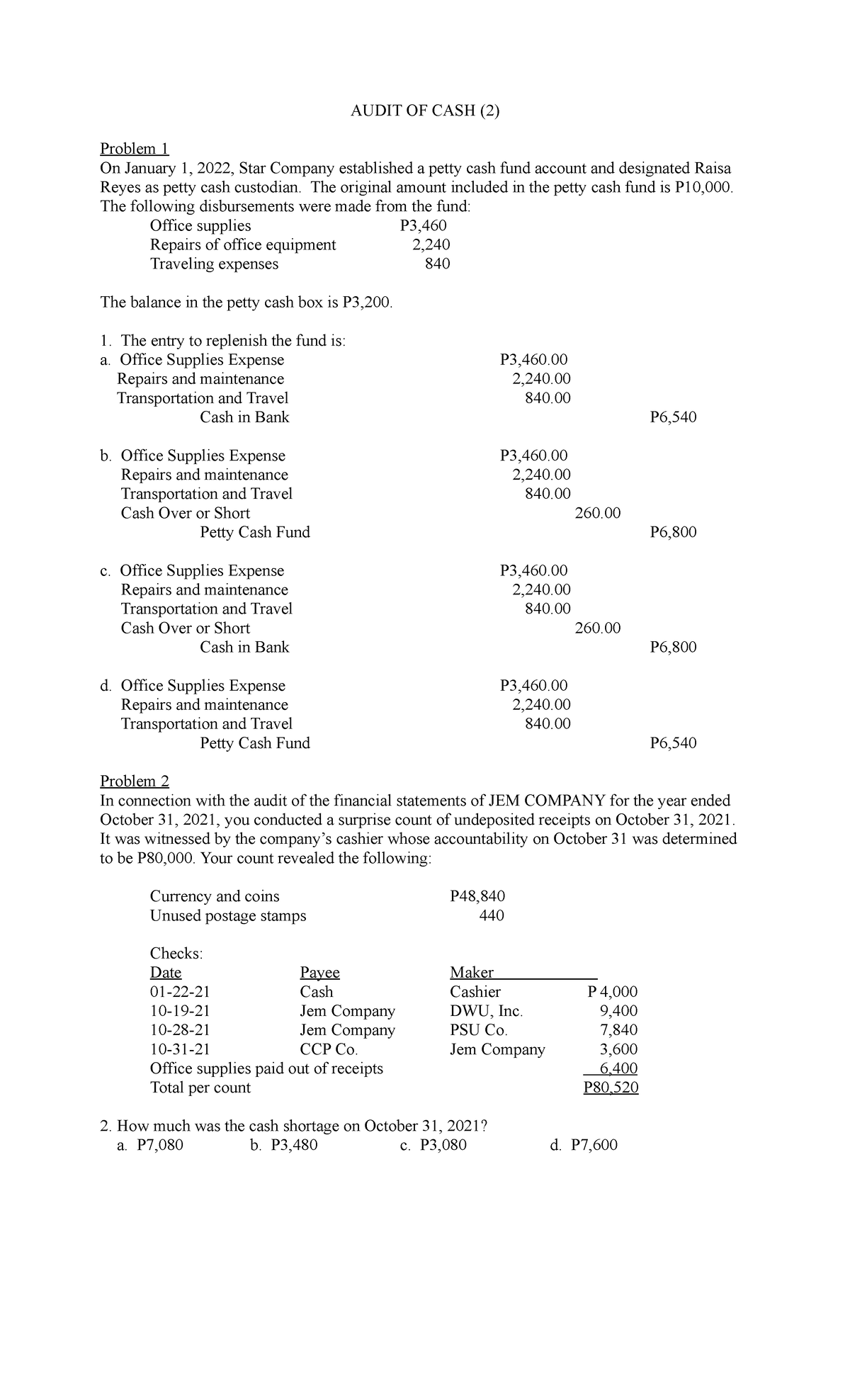 Audit-CASH-2 - Practice worksheets in audit of Cash - AUDIT OF CASH (2 ...