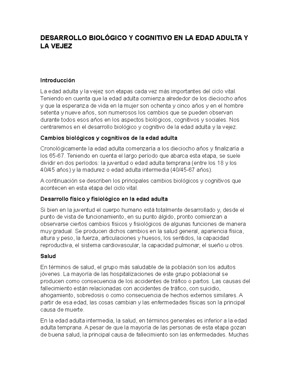 Desarrollo biológico y cognitivo en la edad adulta y la vejez - DESARROLLO BIOLÓGICO Y COGNITIVO ...