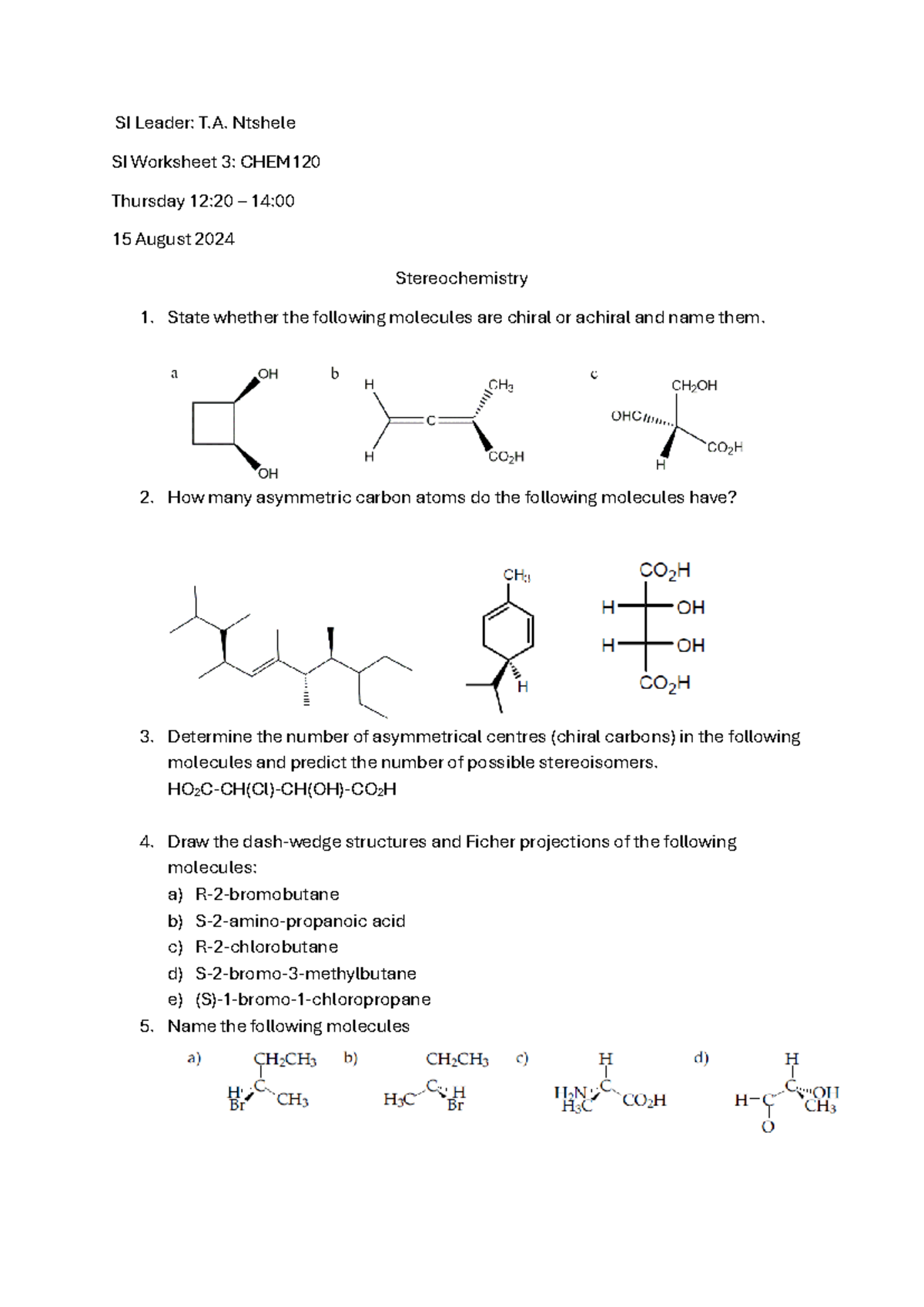 SI Worksheet 3 - Practical material - SI Leader: T. Ntshele SI ...