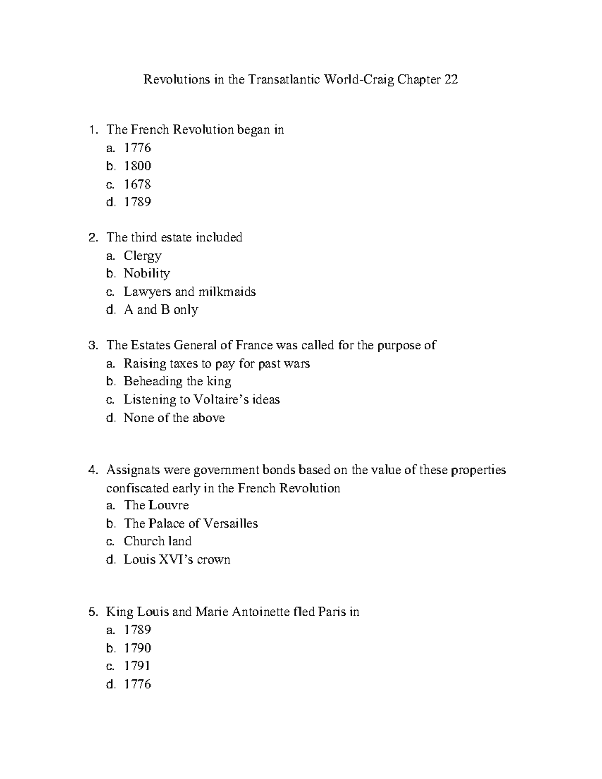 Revolutions in the Transatlantic World , Practice Quiz, CH 22 ...