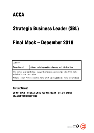 SBL Specimen Exam 1 Pre-seen - STRATEGIC BUSINESS LEADER SPECIMEN EXAM ...