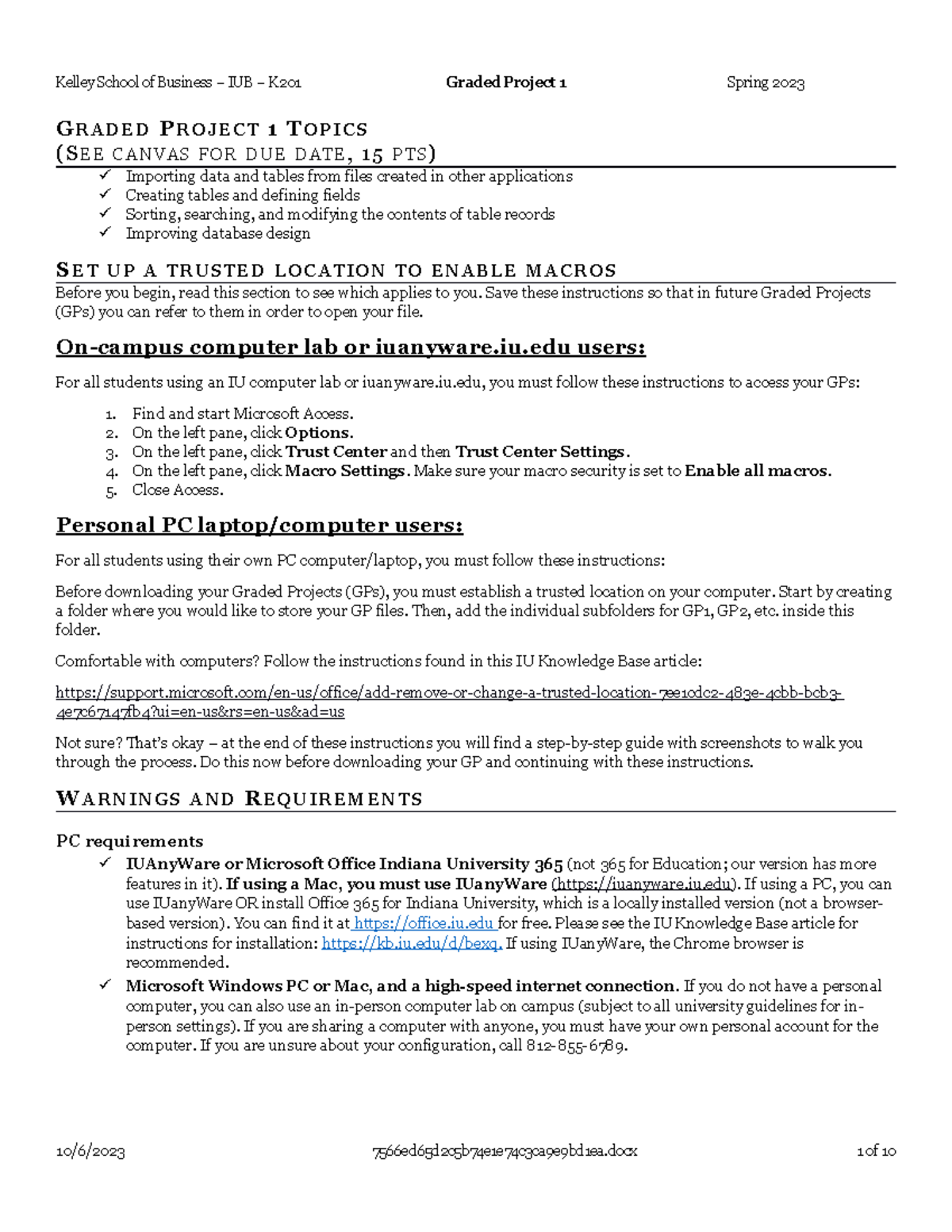 Instructions K201 GP1 SP23 - GRADED PROJECT 1 TOPICS (SEE CANVAS FOR ...
