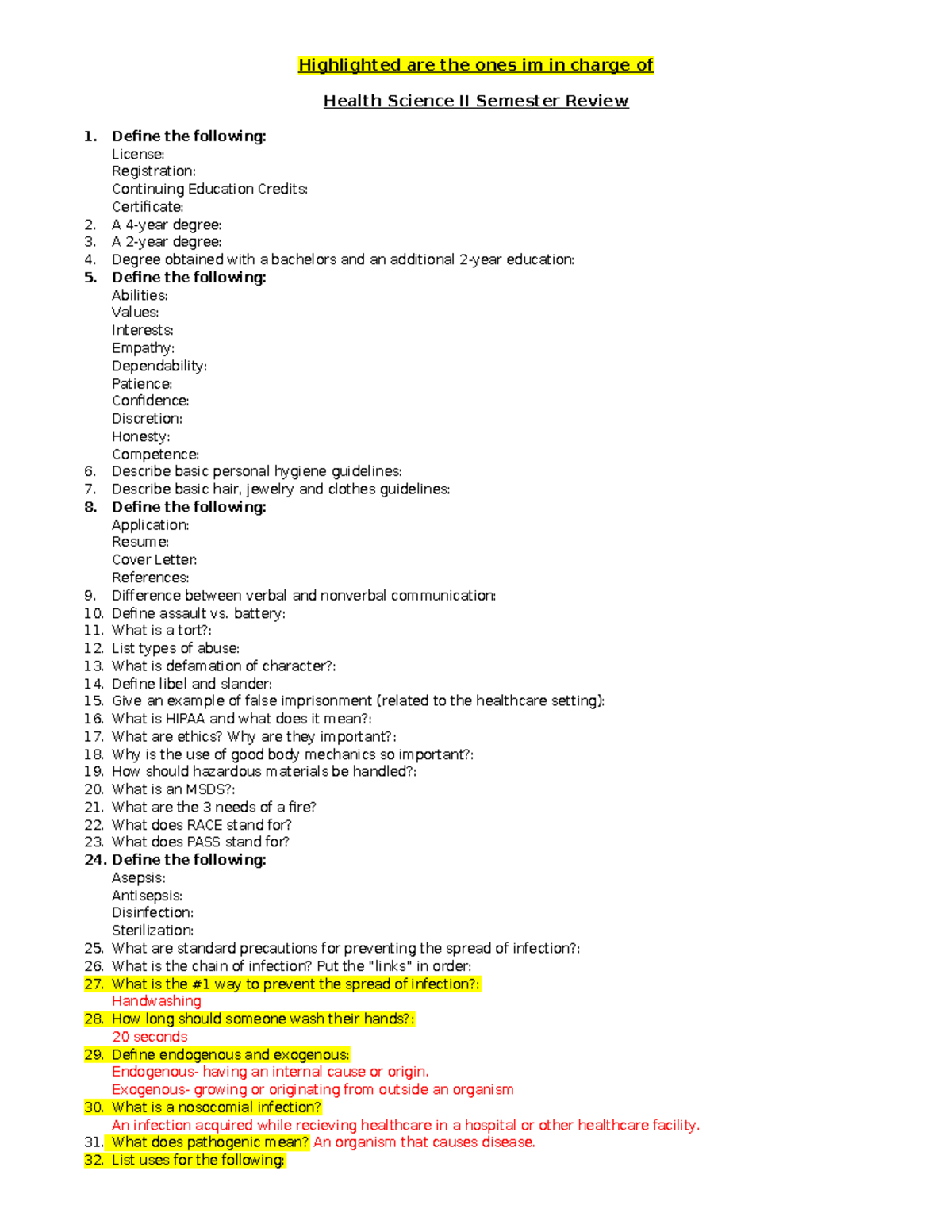 HSII semester review - Highlighted are the ones im in charge of Health ...