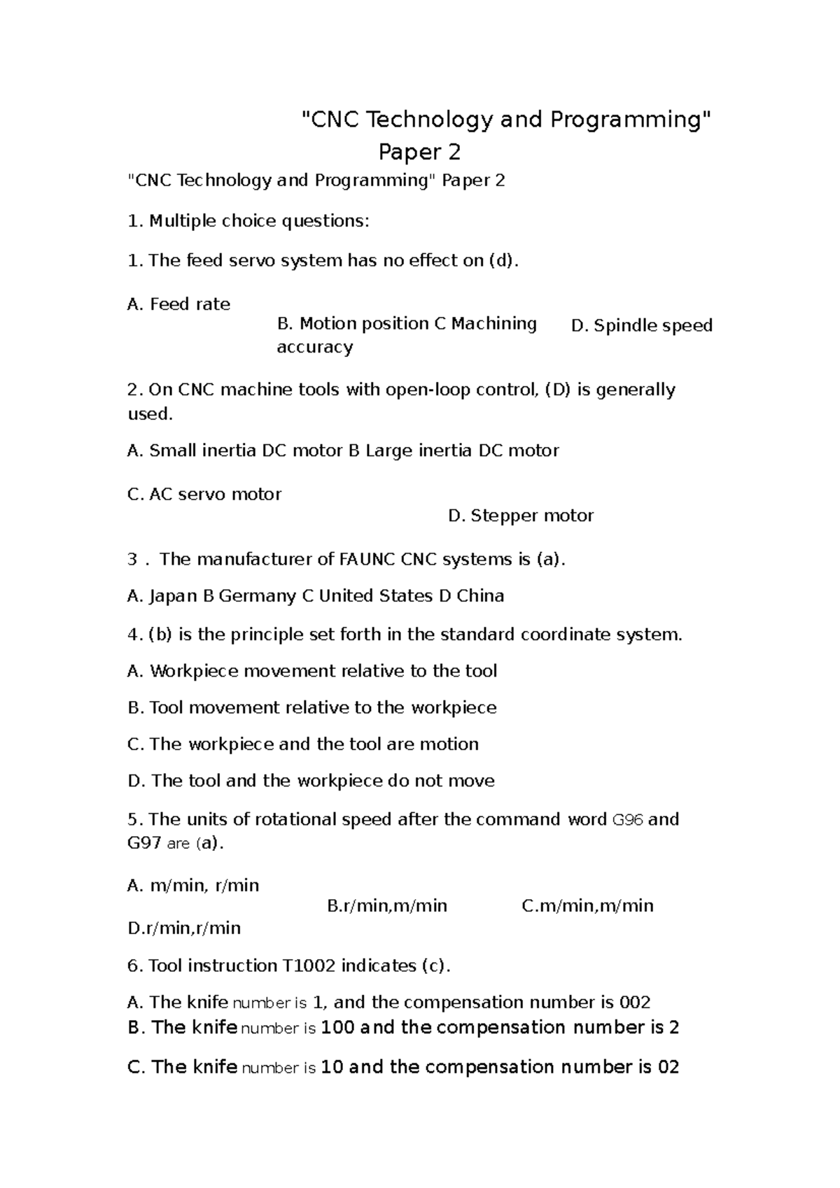 "CNC Technology and Programming" Paper 2 - "CNC Technology and Programming" Paper 2 - Studocu