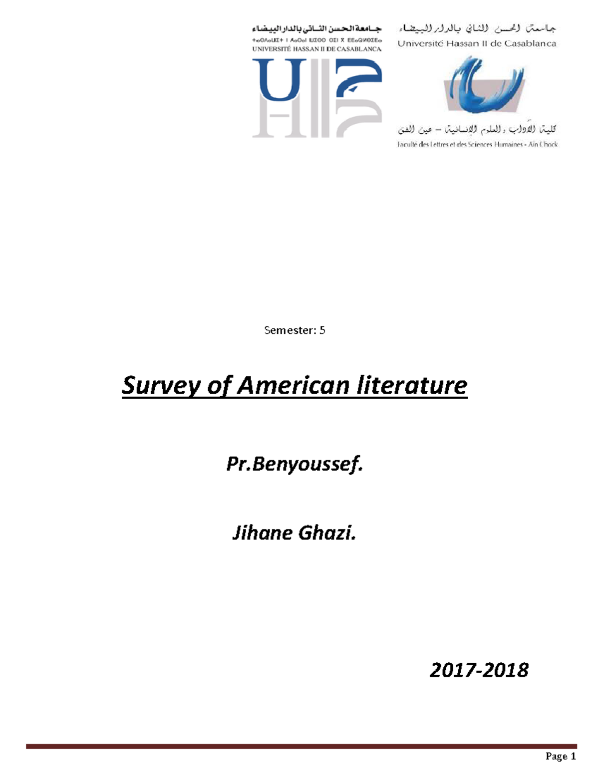 Benyoussef Survey of American literature - Semester: 5 Survey of ...