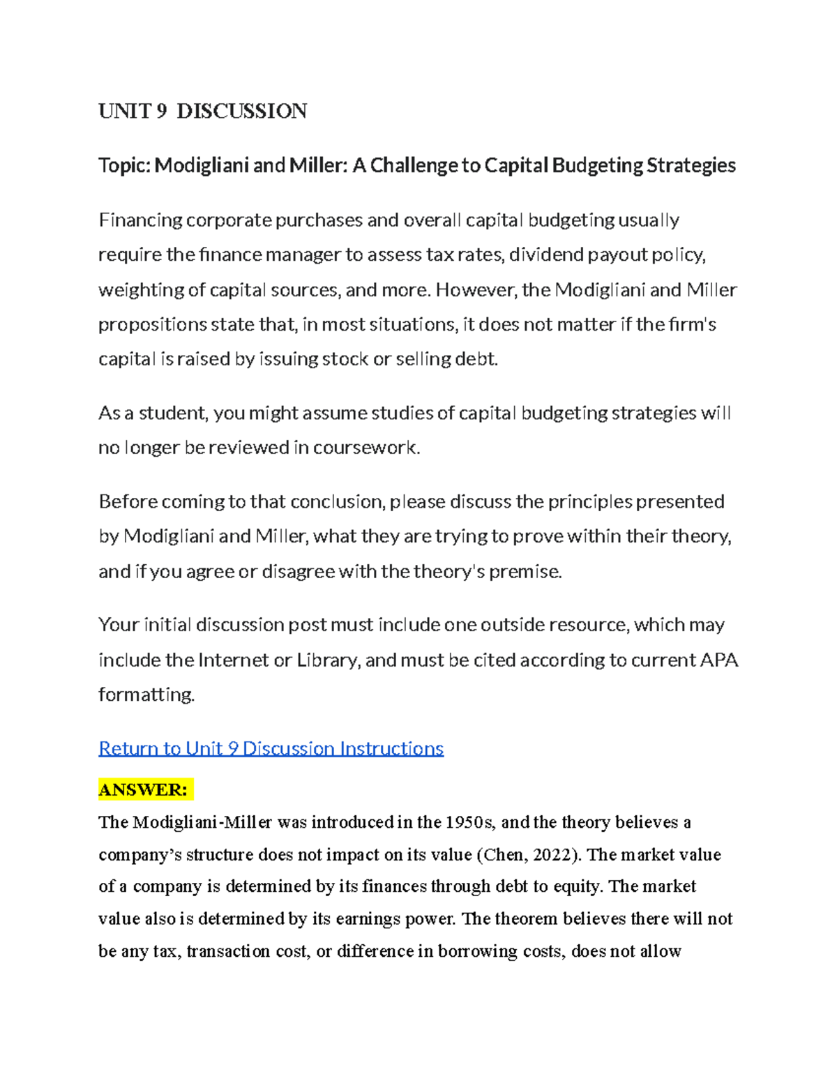 MT480 UNIT 9 Discussion - UNIT 9 DISCUSSION Topic: Modigliani and ...