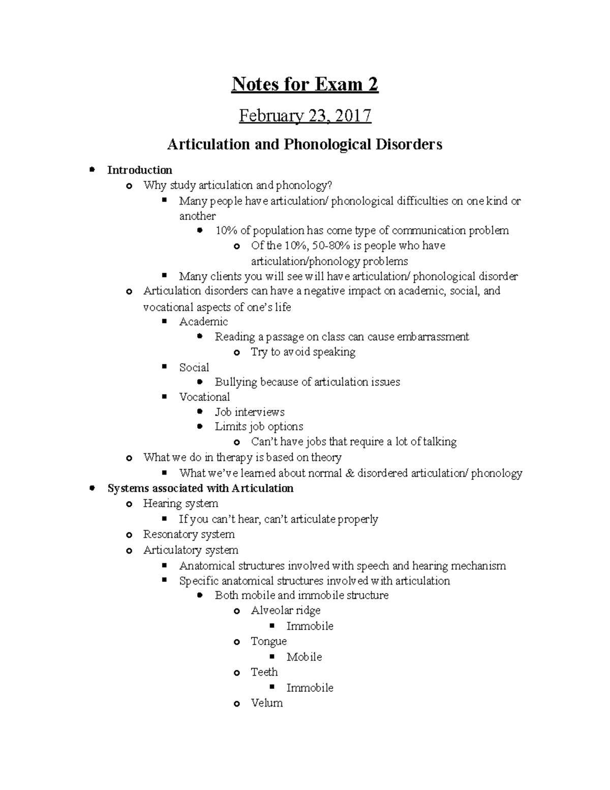 Notes for Test 2 - Articulation and Phonological Disorders ...
