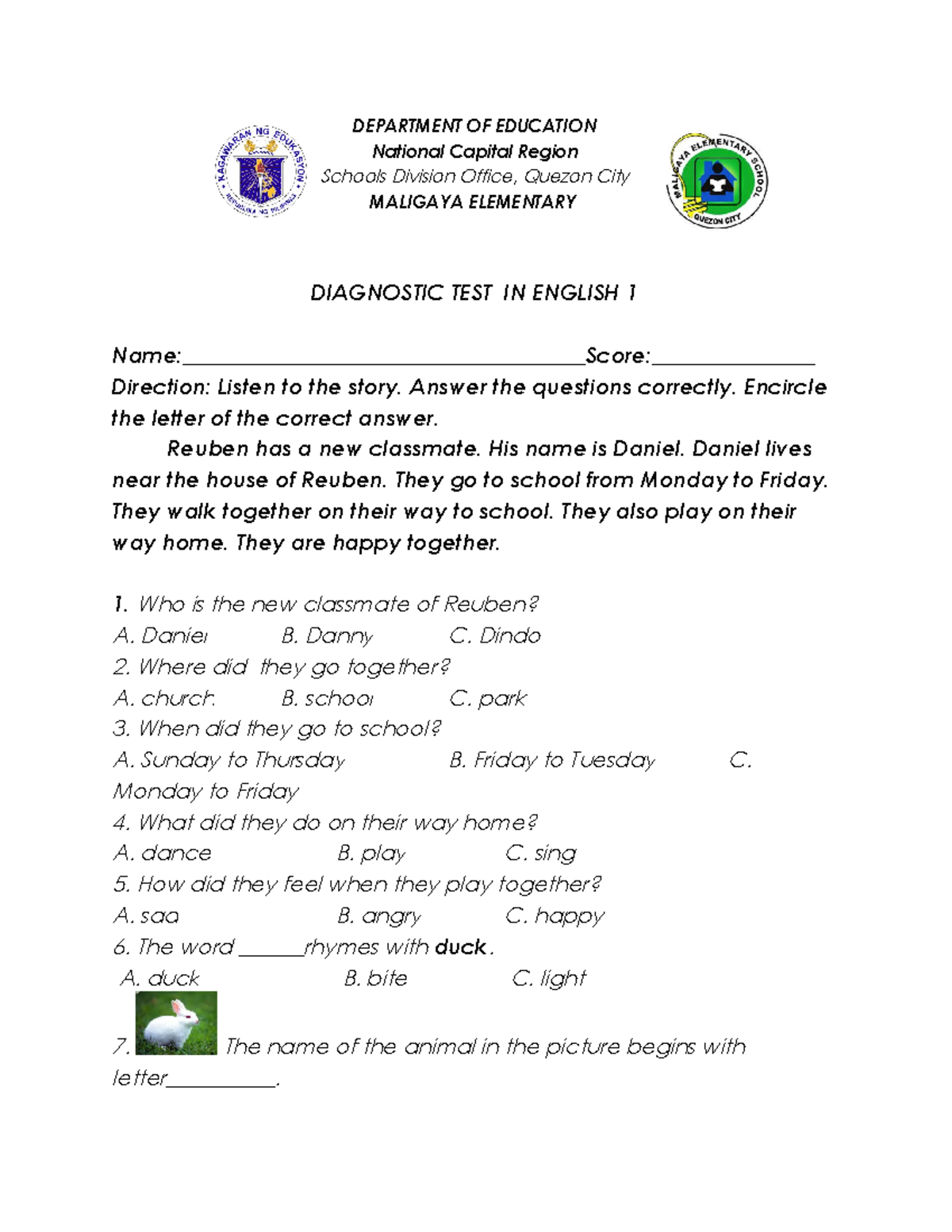 Diagnostic-test English-1 - DEPARTMENT OF EDUCATION National Capital ...