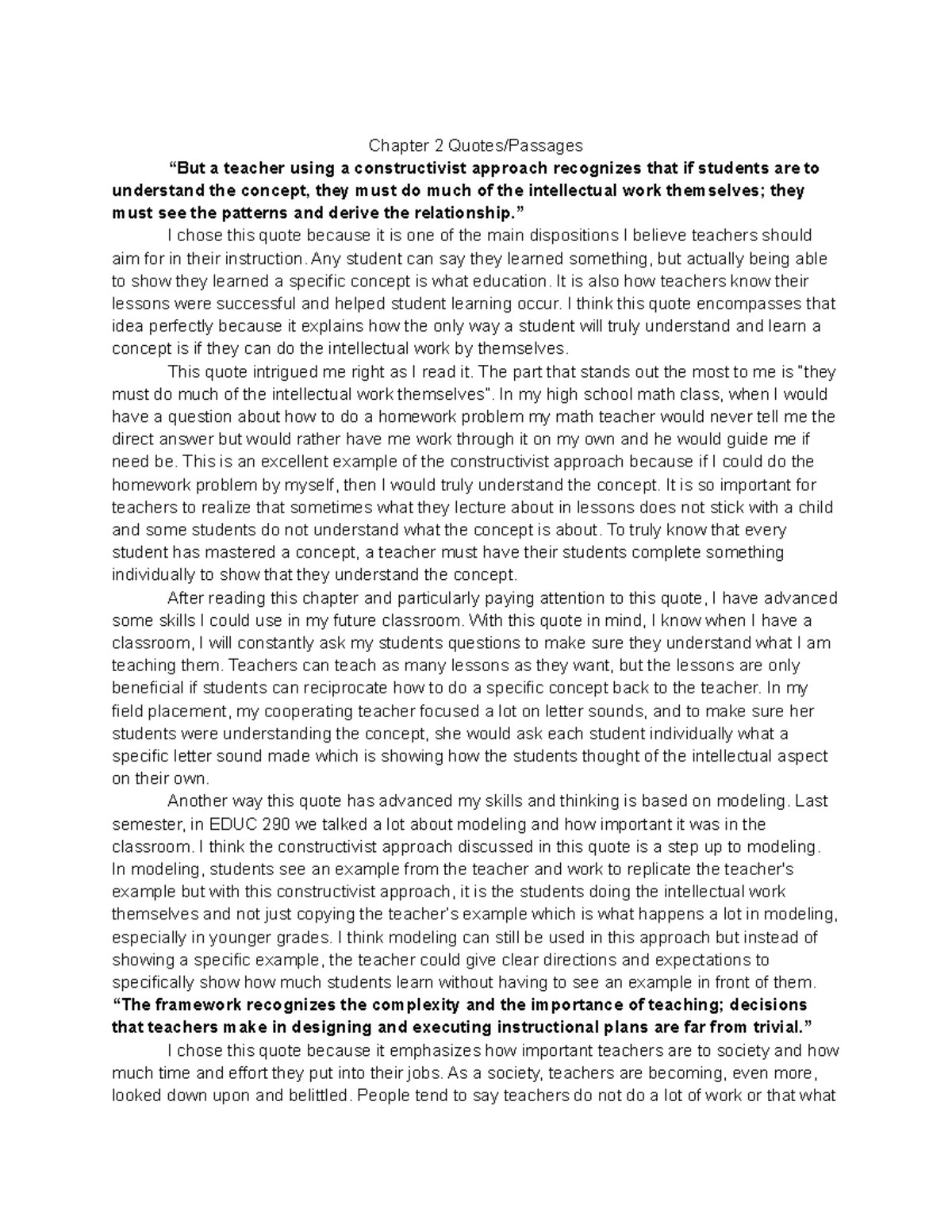 EDUC 361- Chapter 2 Writing Assignment - Chapter 2 Quotes/Passages “But ...