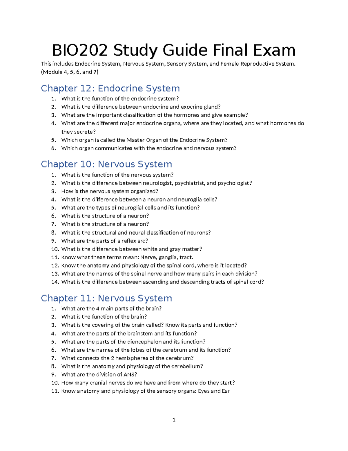 BIO202 Study Guide Finals New - BIO202 Study Guide Final Exam This includes Endocrine System ...