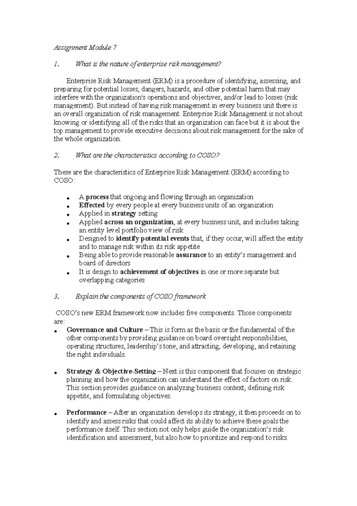 Assignment Module 7 - COSO Framework - Assignment Module 7 1. What is ...