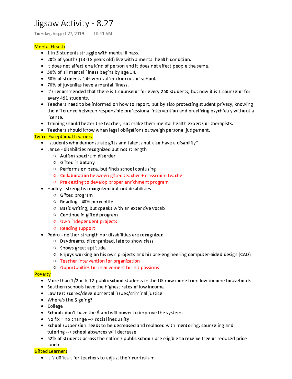 Jigsaw activity - Students with Disability Course Class 2 - Mental ...