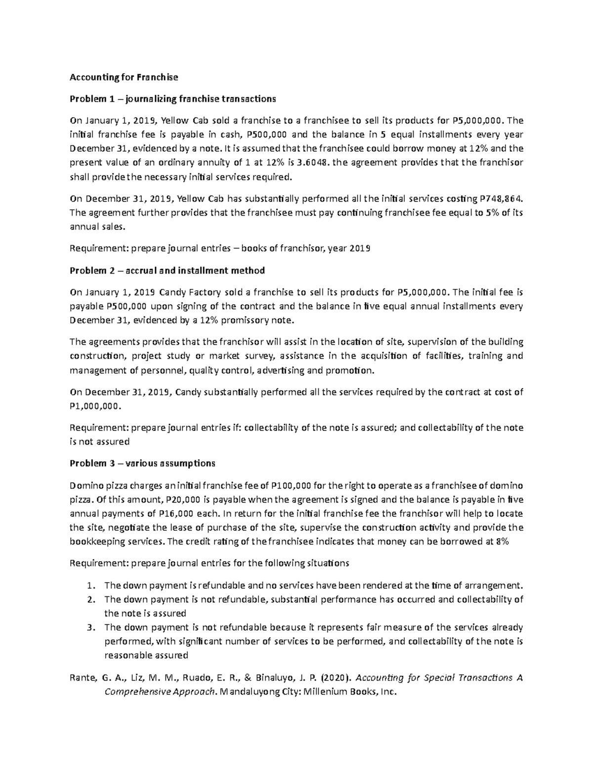 Accounting for Franchise (problems) - Accounting for Franchise Problem ...