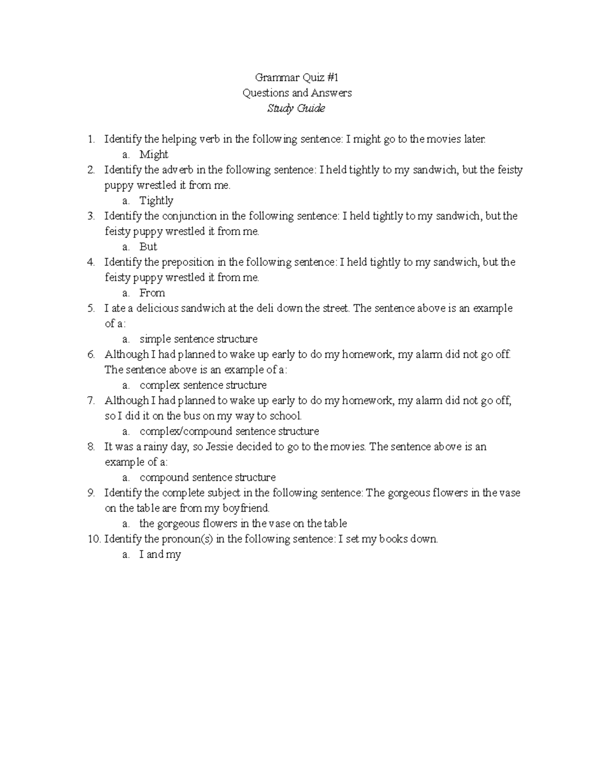 MC1313 Grammar Quiz 1 - Grammar Quiz # Questions and Answers Study ...