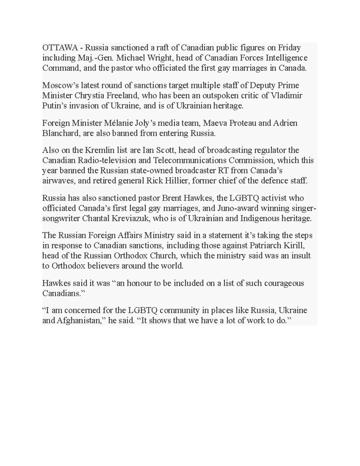 Doc2 - essay on crime - OTTAWA Russia sanctioned a raft of Canadian ...