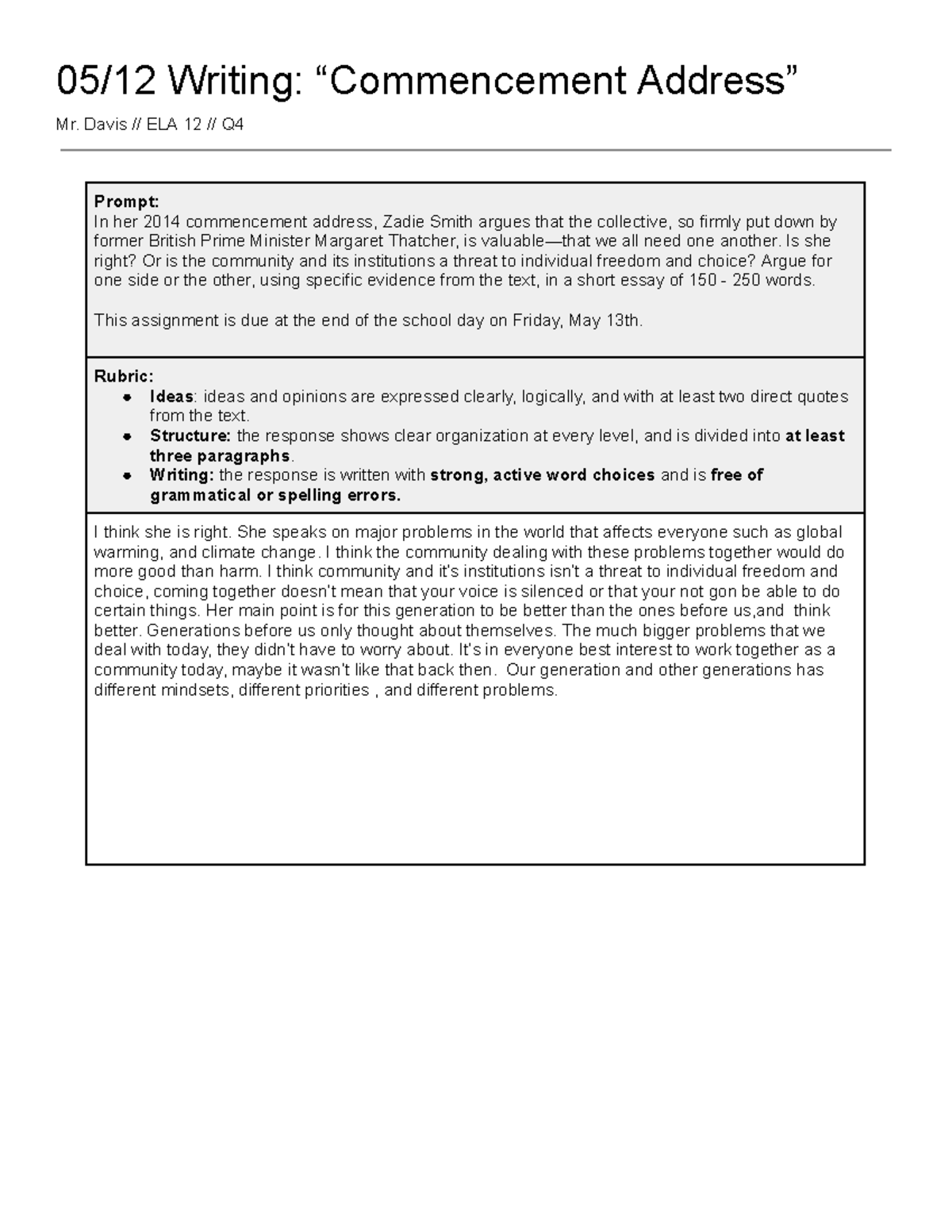 Extensive Thinking - 05/12 Writing: “Commencement Address” Mr. Davis ...